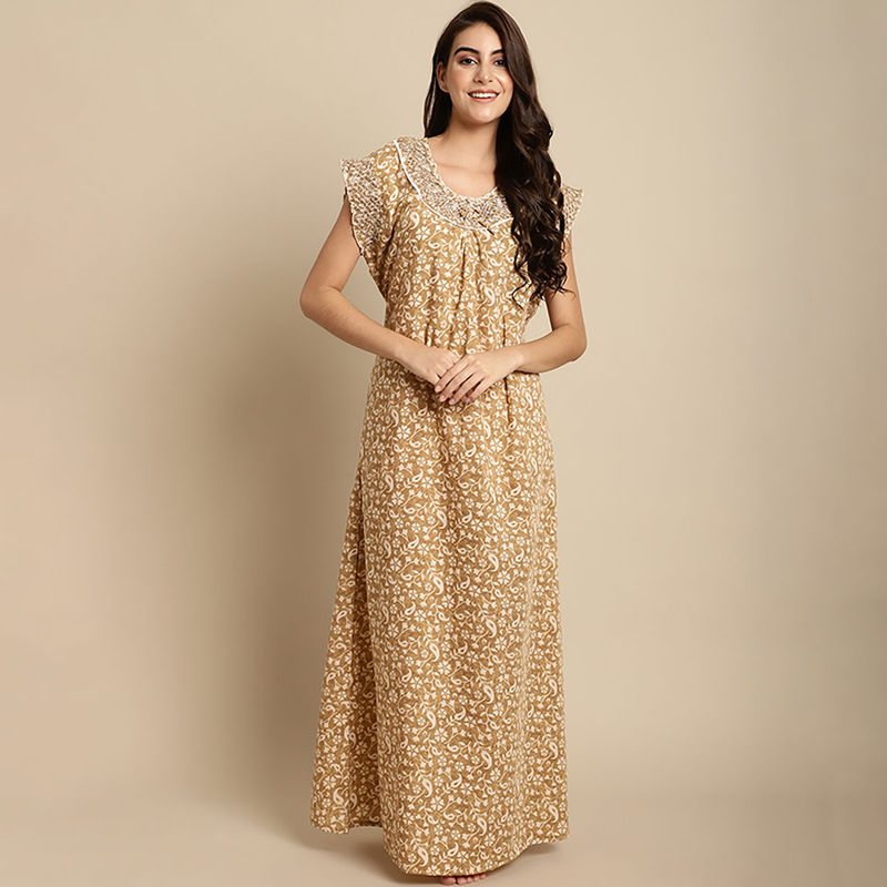 Buy Secret Wish Beige Floral Cotton Nighty Online
