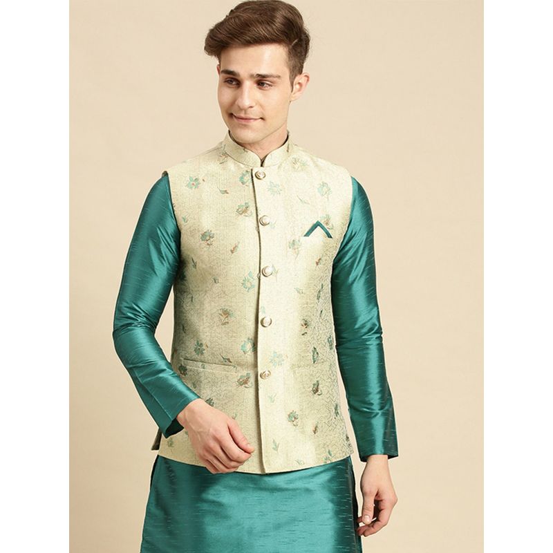 Buy Sanwara Mens Green Printed Art Silk Ethnic Bandi Jacket Online