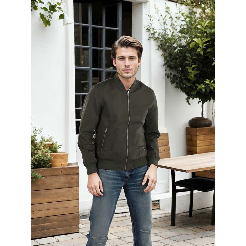 Buy CELIO Men Olive Solid Regular Fit Cotton Full Sleeve Bomber Jacket ...