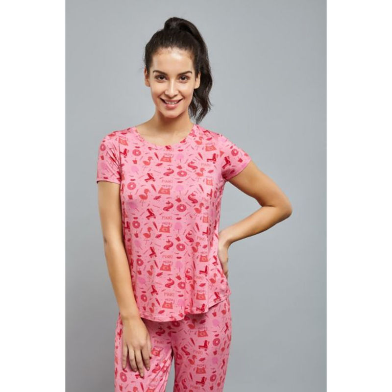 Buy NeceSera Women Pink Modal Round Neck Top with Pyjama (Set of 2) Online