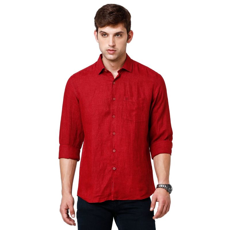 Buy Linen Club Men's Pure Linen Red Chambray Regular Fit Full Sleeve ...