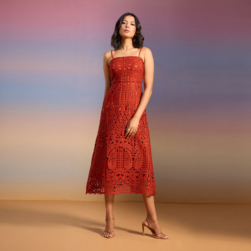 Buy RSVP by Nykaa Fashion Rust Textured Strappy Fit and Flare Lace Midi ...