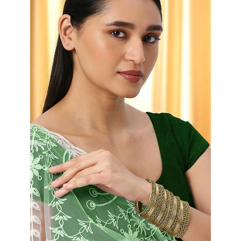 Buy OOMPH Antique Gold Floral Design Bangle Set (Pack of 18) (2.6) Online