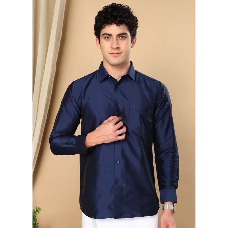 Buy TATTVA Navy Blue Toned Solid Opaque Shirt Online