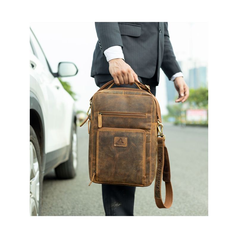 Buy PICCO MASSIMO Tan Leather Work Laptop Messenger Bag Online