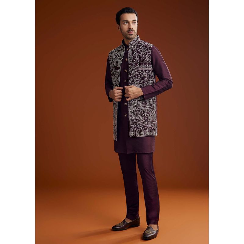 Buy KALKI FASHION Men Wine Embroidered Kurta with Jacket and Pant (Set ...