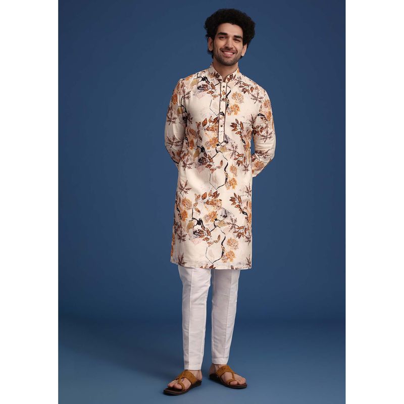 Buy KALKI FASHION Men Beige Floral Kurta with Pant (Set of 2) Online