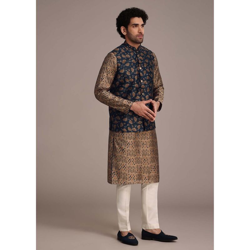 Buy KALKI FASHION Men Brown Printed Kurta with Pant and Nehru Jacket ...