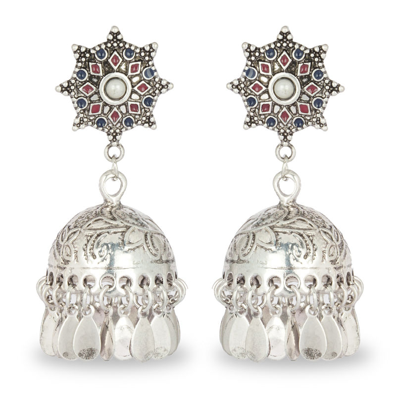 Buy TRIBAL ZONE Silver Jhumka With Multi Color Top Online