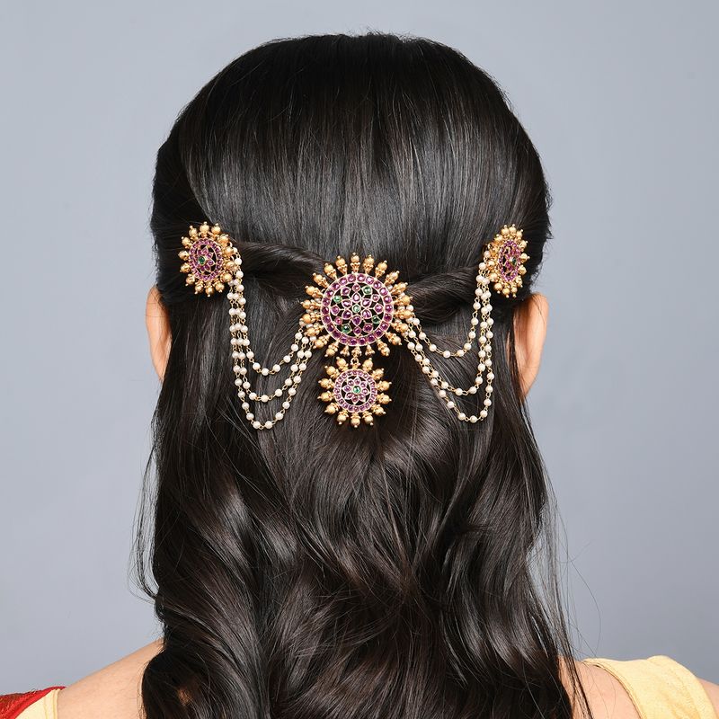 Buy Fida Ethnic Gold Plated Red & Green Stone Studded Circular Temple ...