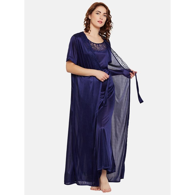Buy Clovia Long Night Dress & Robe In Navy Blue Satin (Set of 2) Online