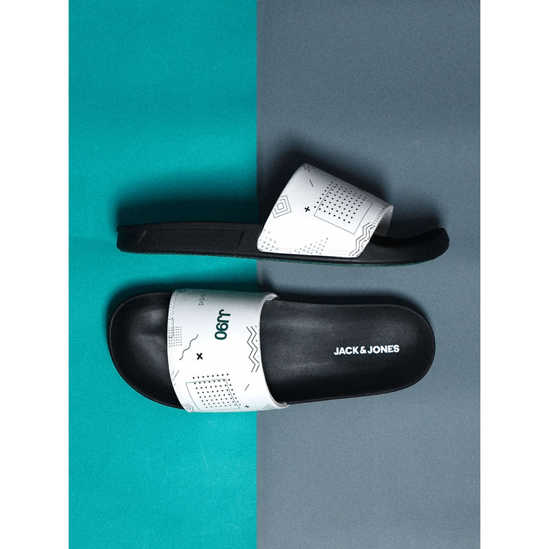 Buy Jack & Jones White & Black Doodle Print Sliders Online