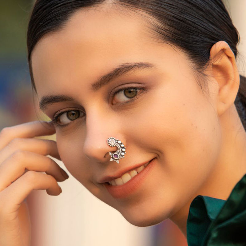 Buy Sheer by Priyaasi Kolhapuri Pink Stone Studded Silver Nath Online