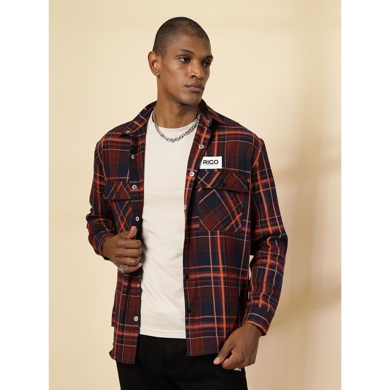Buy RIGO Men Navy Orange Checks Shacket Online