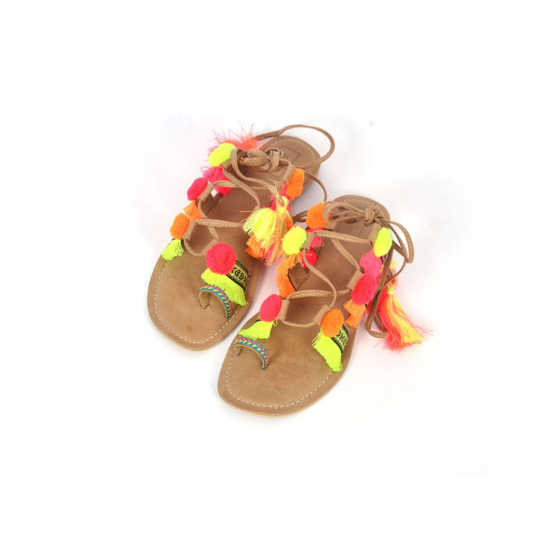 Buy SANDALWALI The Esha Neon Tie Up Pom Pom And Tassel Flats Online