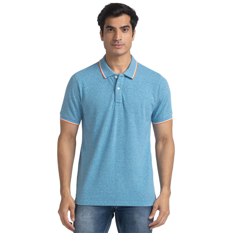 Buy ColorPlus Tailored Fit Solid Medium Blue Polo T-Shirt Online