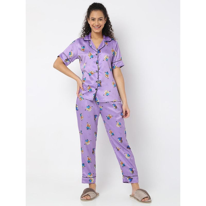 Buy Smarty Pants Women Silk Satin Lilac Minion Print Night Suit (Set of ...