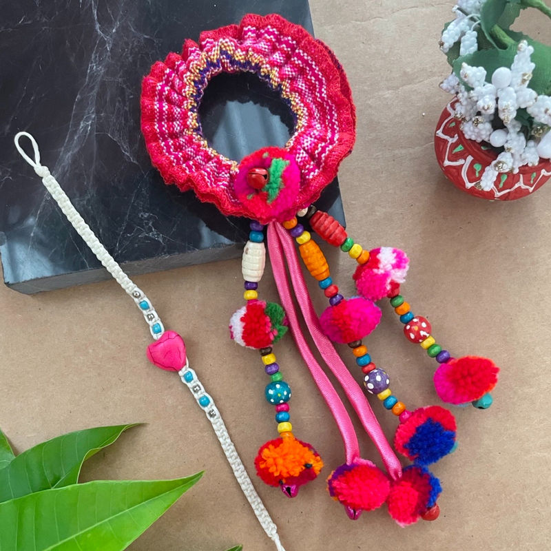 Buy Digital Dress Room Heart Rakhi & Pom Pom Lumba (Set of 2) Online