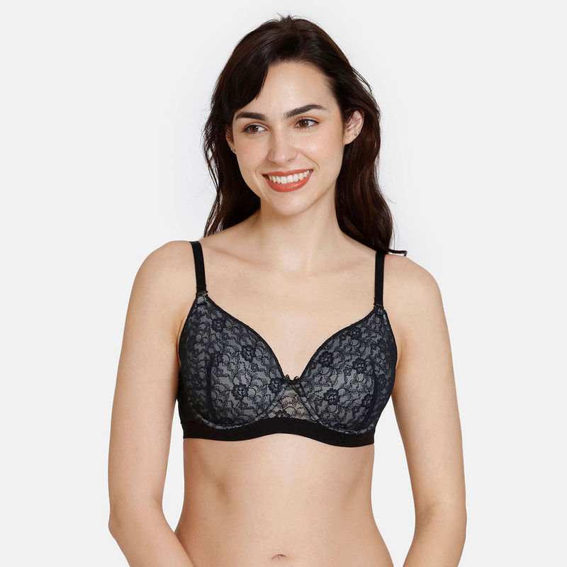 Buy Zivame Beautiful Basics Padded Wired 3-4th Coverage Lace Bra - Black Online