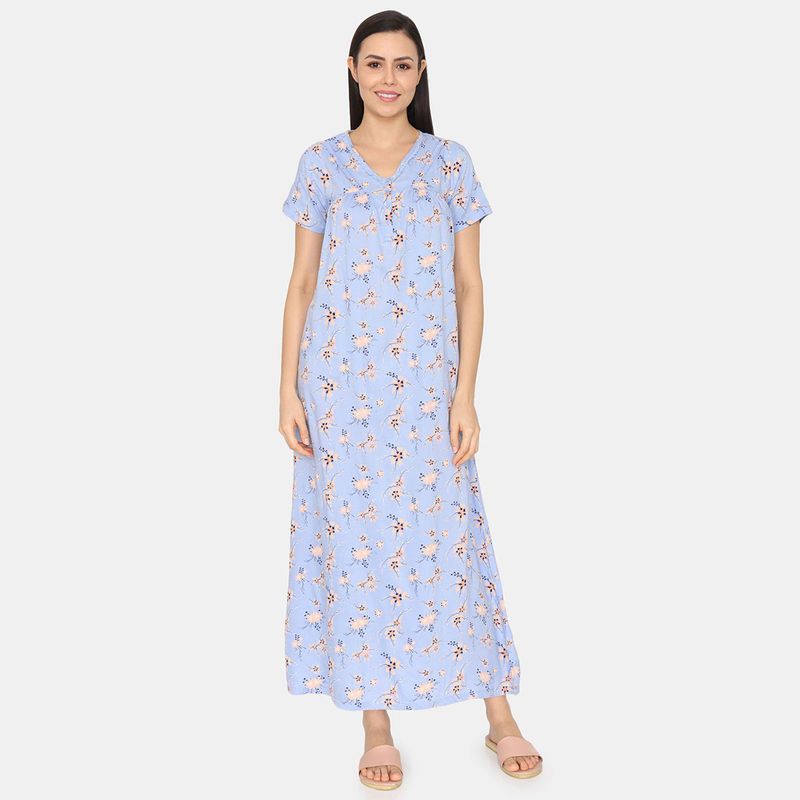Buy Zivame Pretty Florals Woven Full Length Nightdress - Cashmere Blue ...