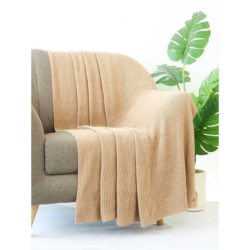 Buy PLUCHI Knitted Purl Cuban Sand Color Cotton Knitted Throw /Blanket ...
