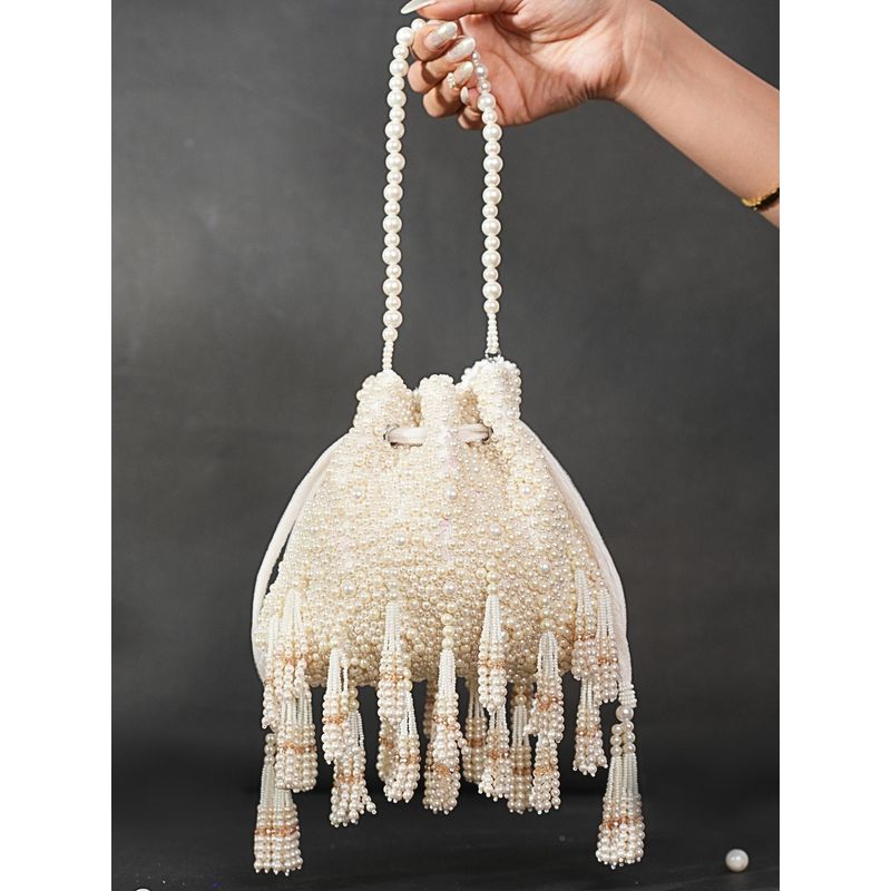 Buy House Of Kosha Emma Ivory Suede Pearl Embellished Potli with ...