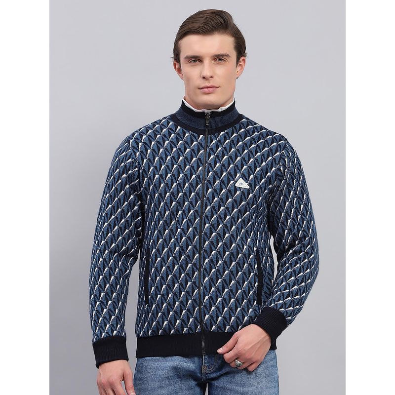 Buy Monte Carlo Mens Blue Geometric High Neck Full Sleeve Jacket Online
