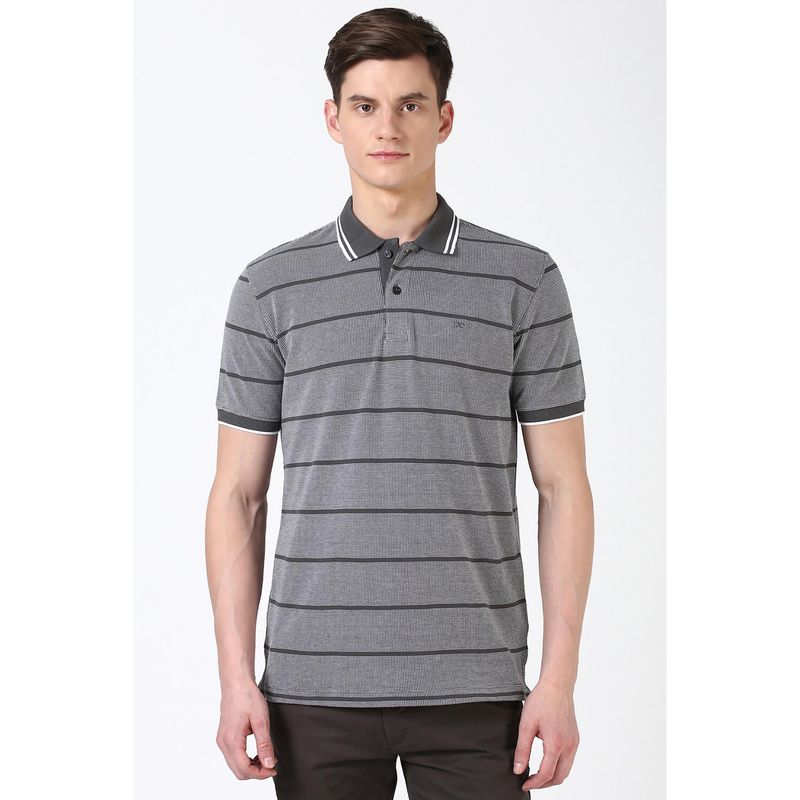 Buy Peter England Men Grey Stripe Polo Neck Polo T-Shirts Online
