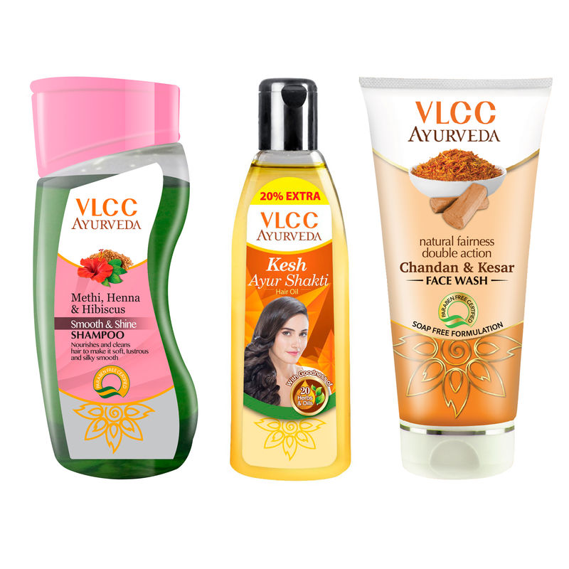 VLCC Ayurveda Shampoo Silky Shine & Hair Oil & Kesar Chandan Face Wash ...