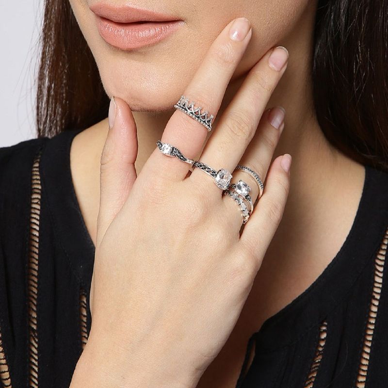 Fabula Antique Silver Combo Of 6 Bohimium Crystal Solitaire Ring Combo ...