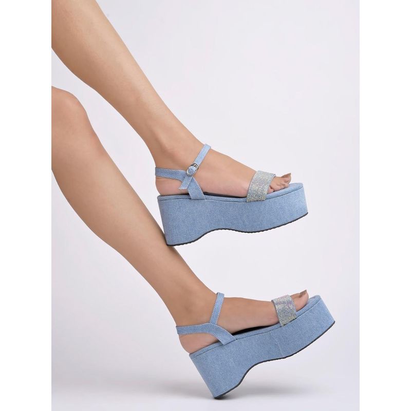 Buy Shoetopia Embellished Denim Blue Wedge Heels for Women Online