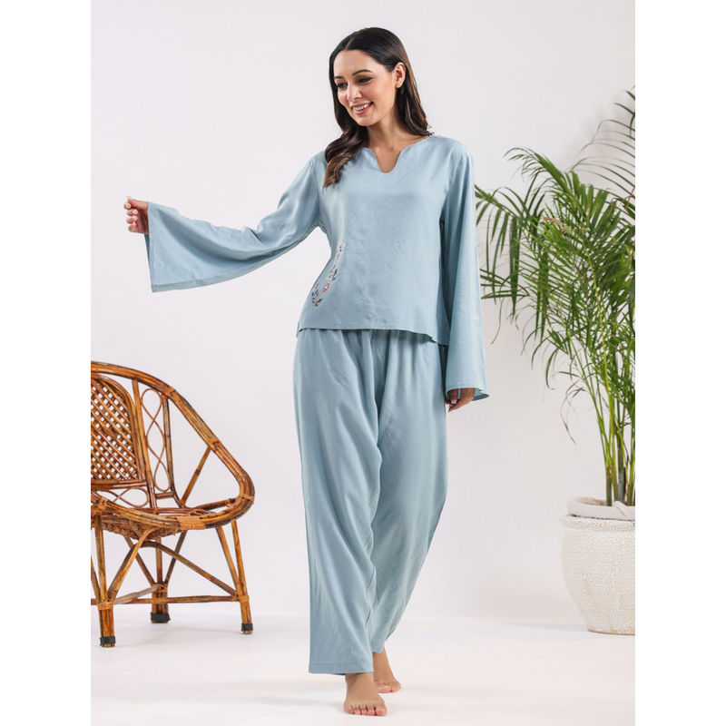 Buy SAY Blue Color Solid Women Pure Cotton Top & Pyjama Night Suit (Set ...
