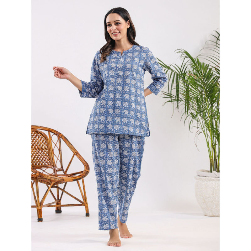 Buy SAY Blue Color Printed Women Pure Cotton Top & Pyjama Night Suit ...