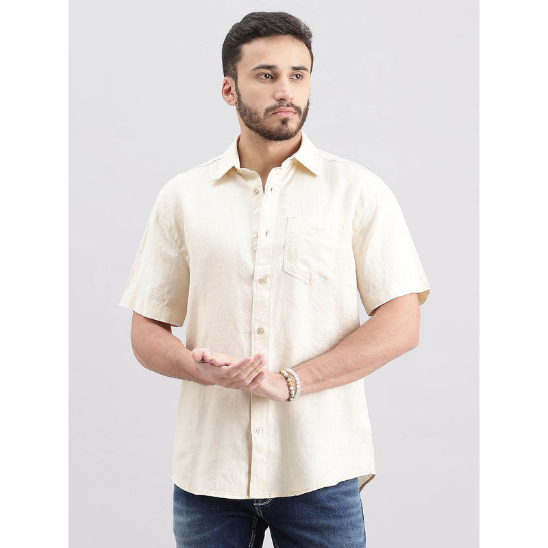 Buy ROOKIES Men Beige Half Sleeves Slim Fit Lenin Shirt Online