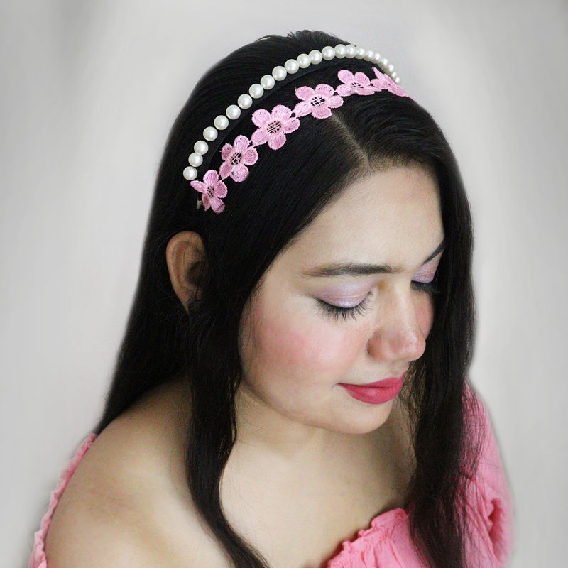 Buy Soho Boho Studio Pink Flower and White Pearl Double Hair Band Online