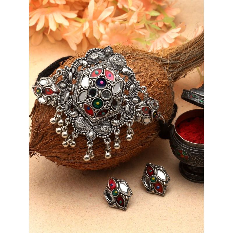 Buy Moedbuille Multi-Color Silver Plated Meenakari Necklace with Pair ...