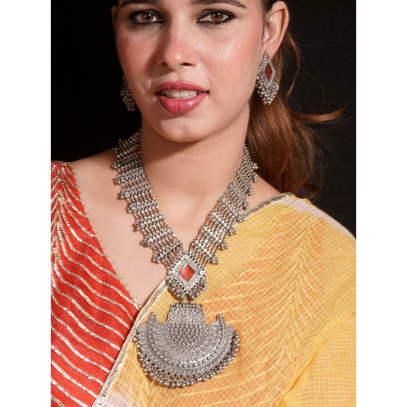 Buy Niscka Traditional Long Oxidized Red Stone Jewellery Set Online