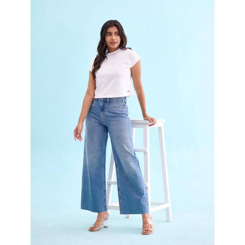 Buy Go Colors Women Solid Light Blue Denim High Rise Wide Jeans Online