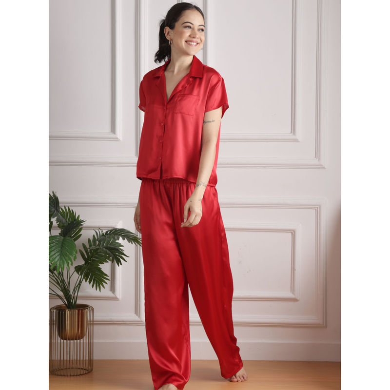 Buy Slumber Jill Red Crimson Elegance Collared Shirt with Pyjama (Set of 2) Online