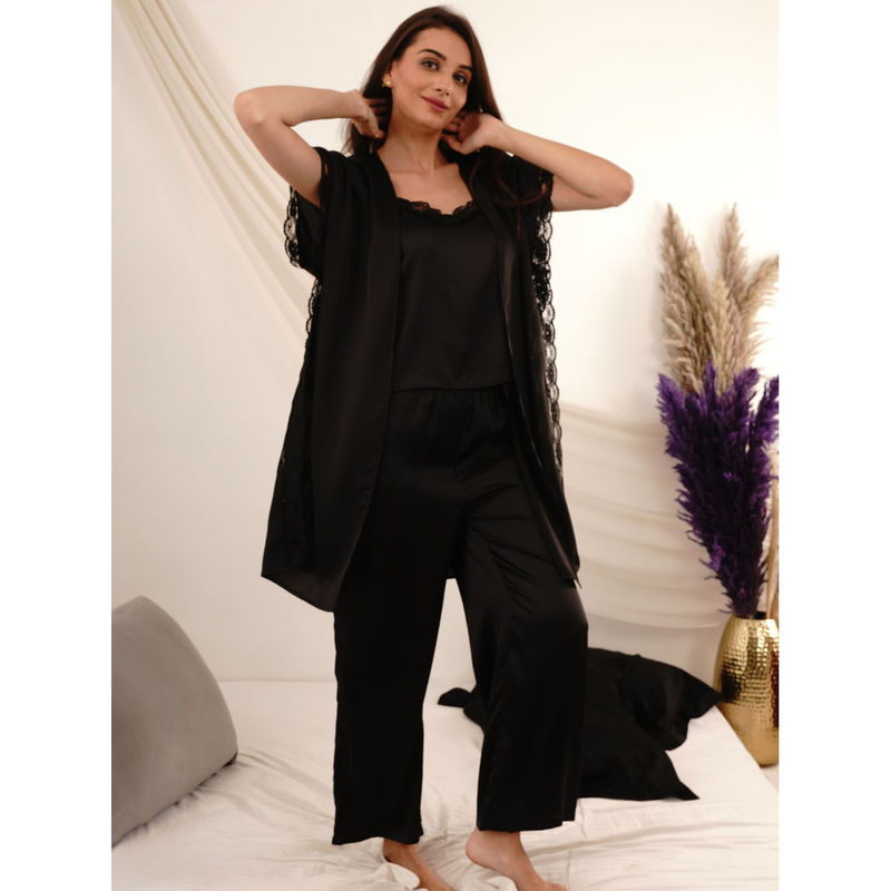 Buy Slumber Jill Black Midnight Elegance Cami Top with Pyjama & Kimono ...