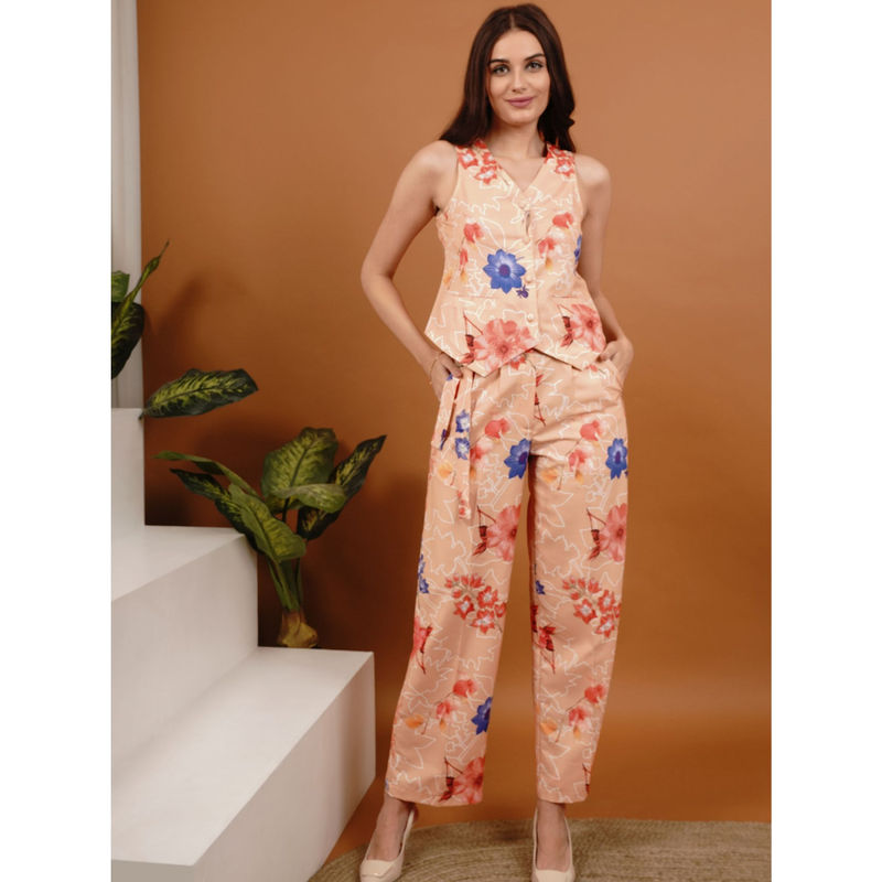 Buy Slumber Jill Peach Floral Bloom Sleeveless Vest with Pyjama (Set of ...