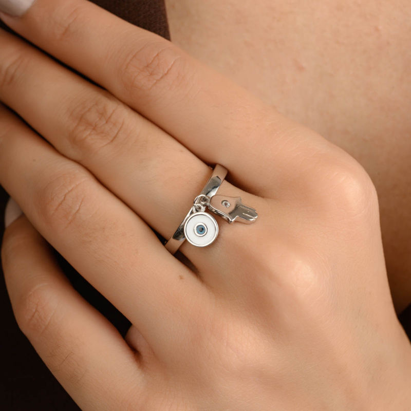 Buy METALM Stylish Evil Eye Hamsa Charm Silver Ring (17) Online