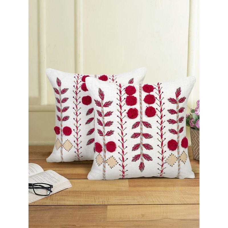 Buy Eyda Red Color Embroidered Cotton Cushion Covers Set of 2-18x18 ...