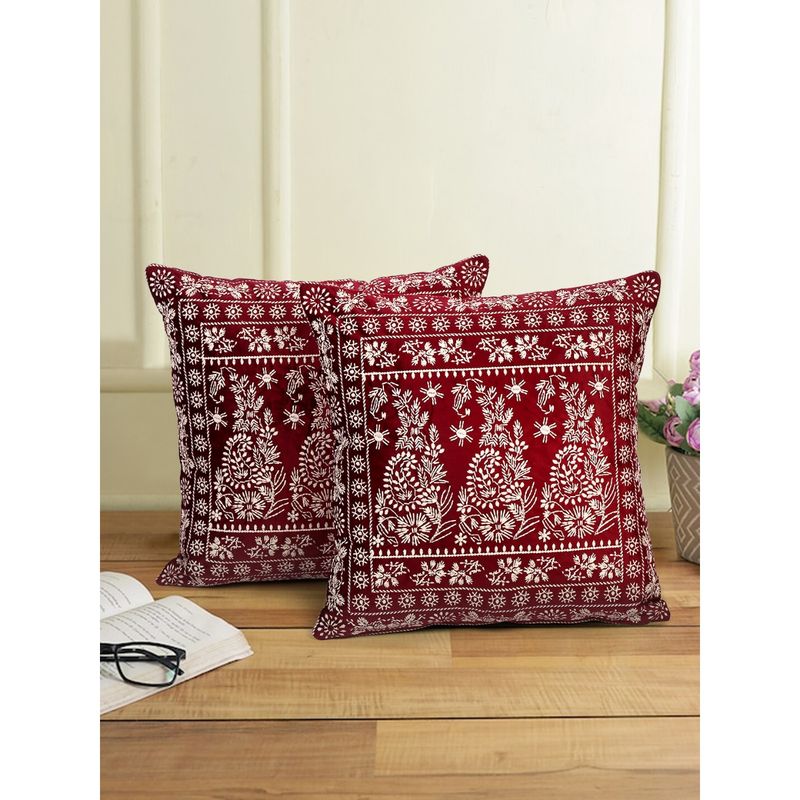 Buy Eyda Maroon Color Embroidered Velvet Cushion Covers Set of 2 ...