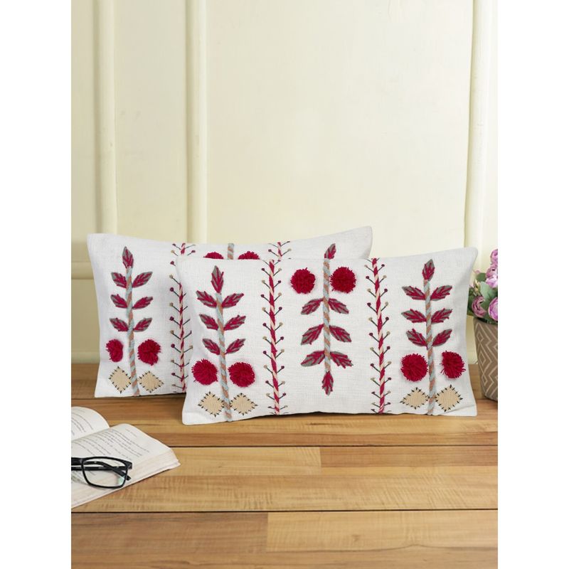 Buy Eyda Red Color Embroidered Cotton Cushion Covers Set of 2-12x20 ...
