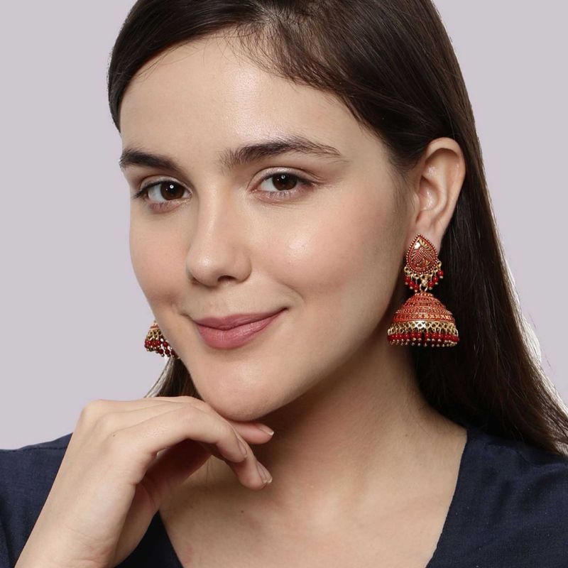 Buy Anika's Creations Gold Plated & Red Dome Shaped Enamelled Jhumkas ...