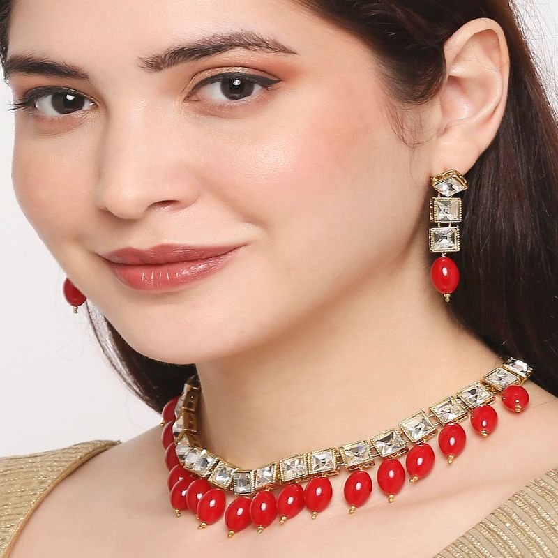 Buy OOMPH Red Maroon Beads & Kundan Ethnic Necklace Set Online