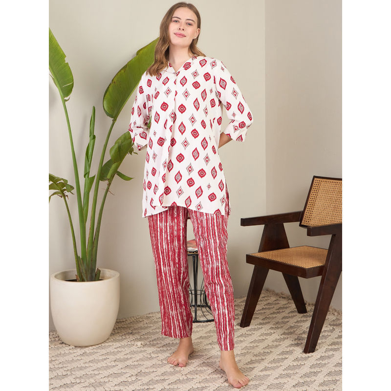 Buy July Nightwear White Rayon Short Kurti with Pyjama (Set of 2) Online
