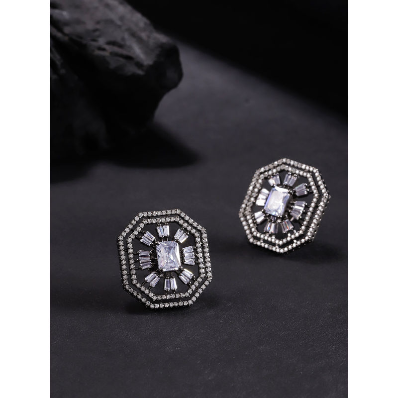 Priyaasi Gunmetal Plated American Diamond Studded Octagon Shape Stud ...