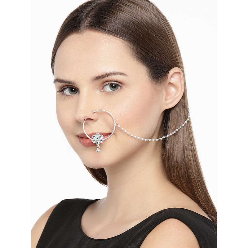 Buy Accessher Silver Toned Handcrafted Jadau Pachi Kundan Nose Ring Online
